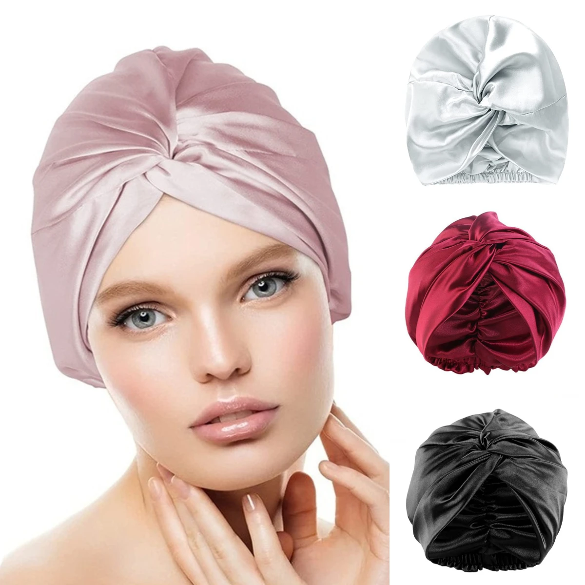 Turbante de seda de morera para mujer, gorro de noche retorcido para dormir, 19 Momme, envoltura ...