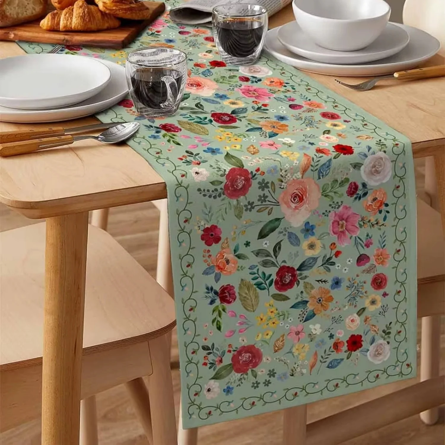 Spring Vintage Floral Plant Green Linen Table Runner Party Decor Easter ...