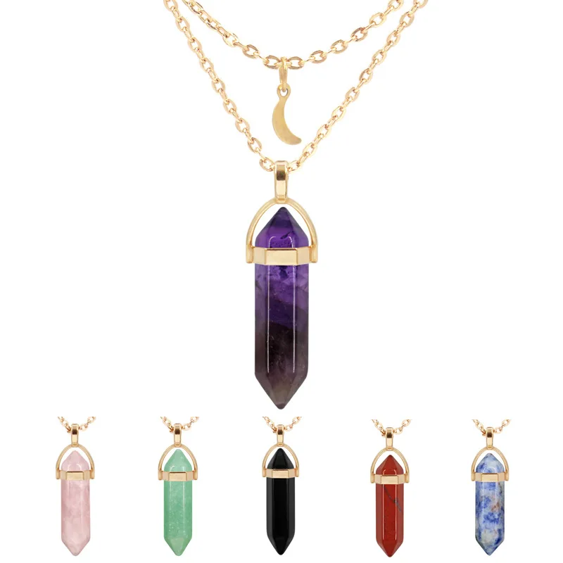 Hexagonal-Column-Natural-Stone-Necklace-For-Women-Moon-Charm-Artificial ...
