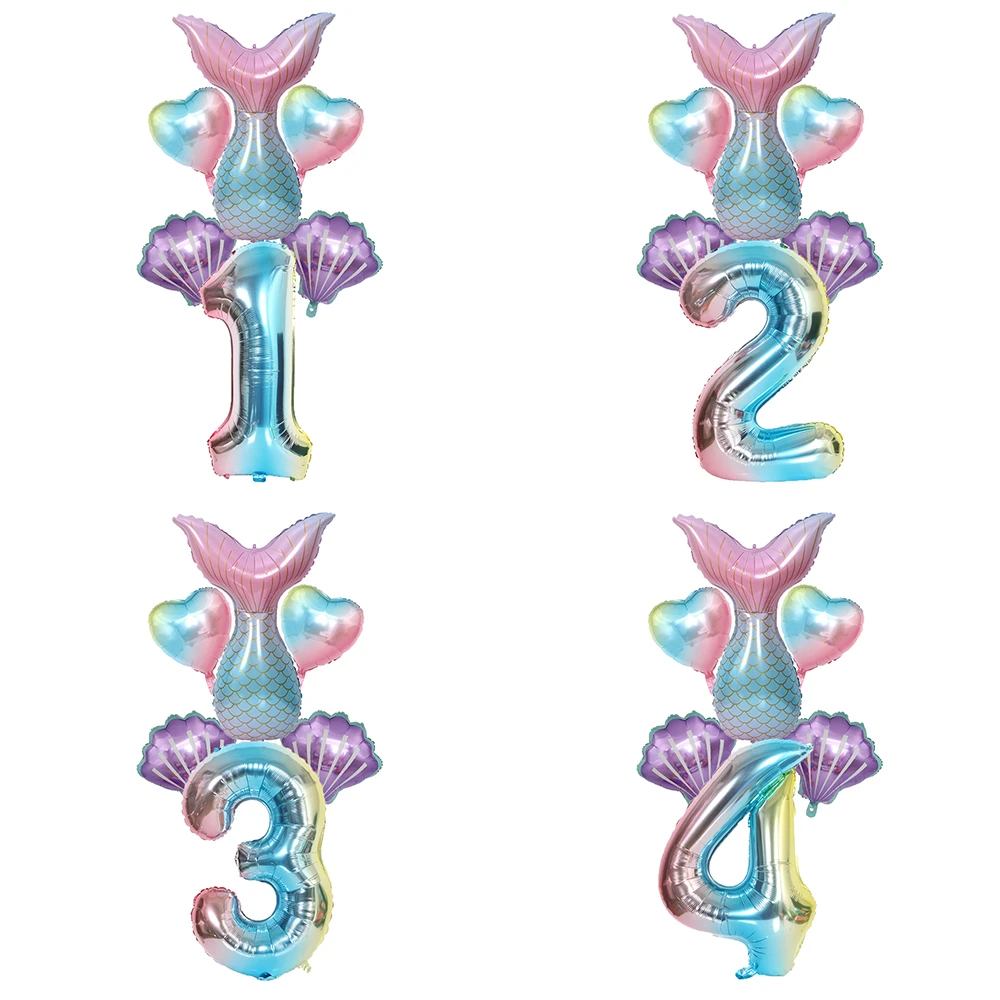 1 Set Mermaid Tail Foil Balloons 32inch Number 1 2 3 Heart Shaped ...