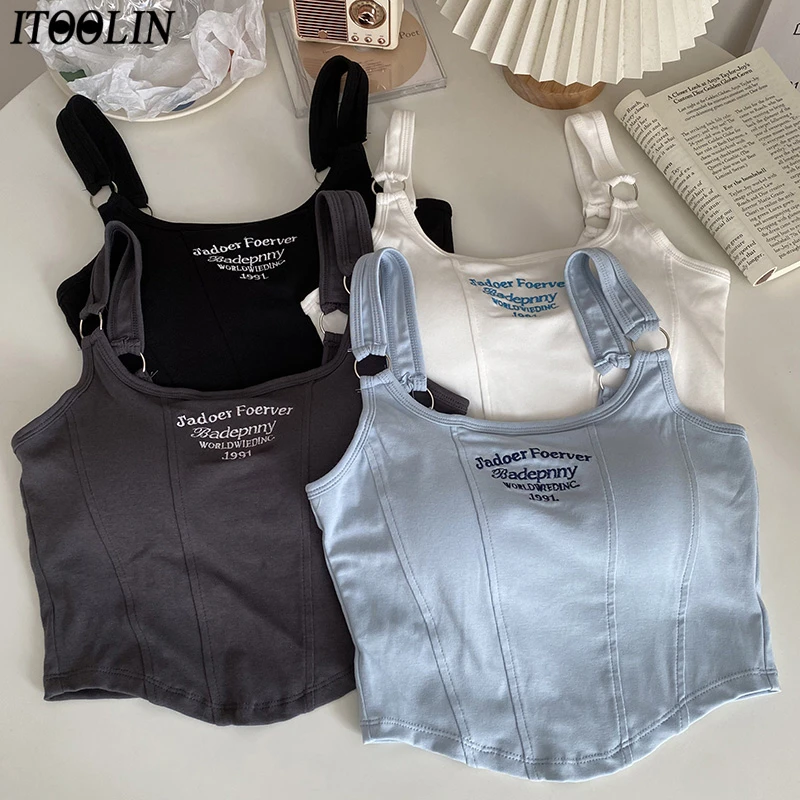 Itoolin Design Embroidery Letter Knitted Short Tank Tops With Bra Pad Sexy Slim Stripe Tops Y2k ...