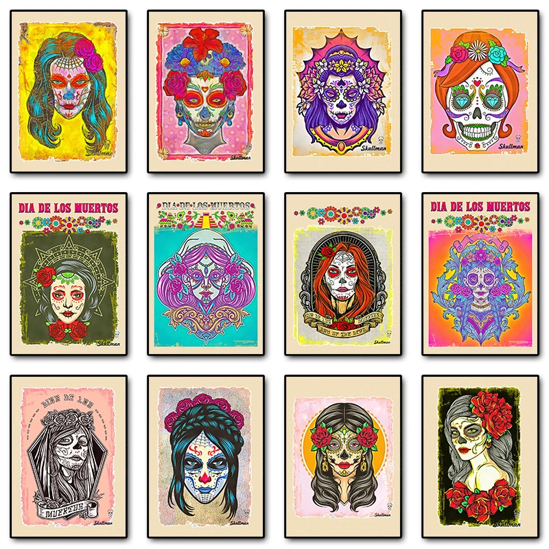 Mexican-Day-of-The-Dead-Gothic-Catrina-Sugar-Skull-Art-Canvas-Painting ...