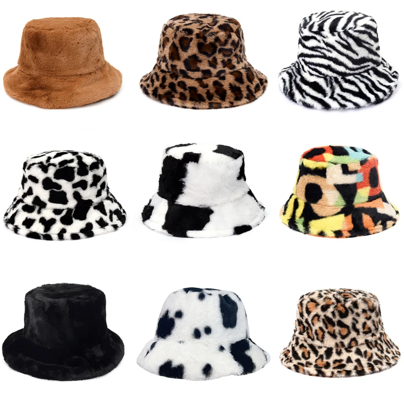 Winter-Cow-Leopard-Faux-Fur-Fluffy-Bucket-Hats-Women-Outdoor-Warm-Sun ...