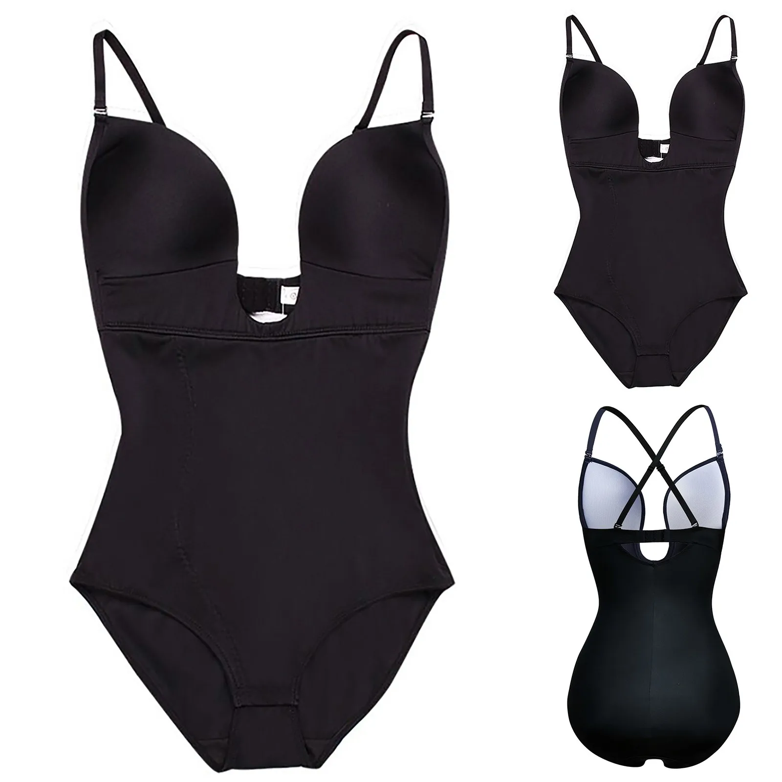 Black Costume Halft Back Body Shaper Bra Bodysuits Seamless Thong Women ...