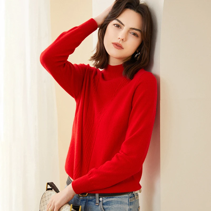 100 순수 캐시미어 고급 편안한 새로운 하프 터틀넥 케이블 스웨터 바닥이 있는 스웨터 느슨한 캐시미어 스웨터 여성