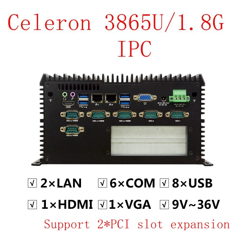Fanless mini pc industrial computer 3865u i5-6360u i7-6650u with PCI 8 ...