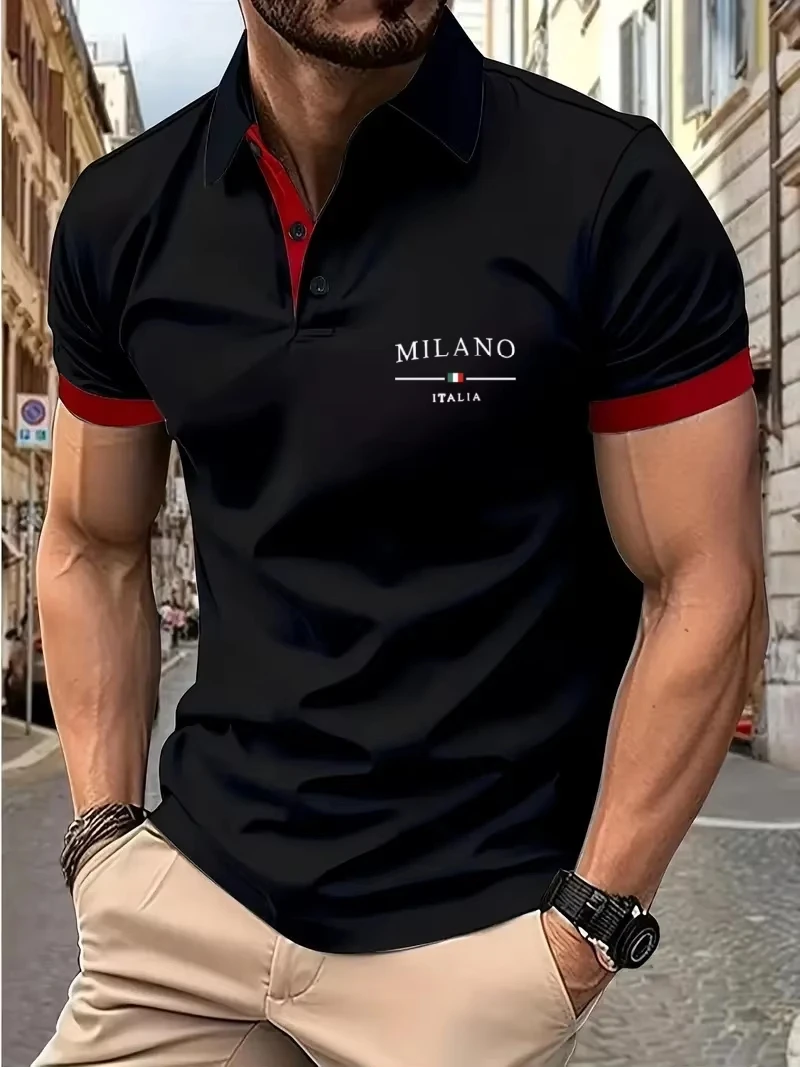 Summer New Men's Milano Print Short Sleeve Lapel Polo Shirt Casual ...