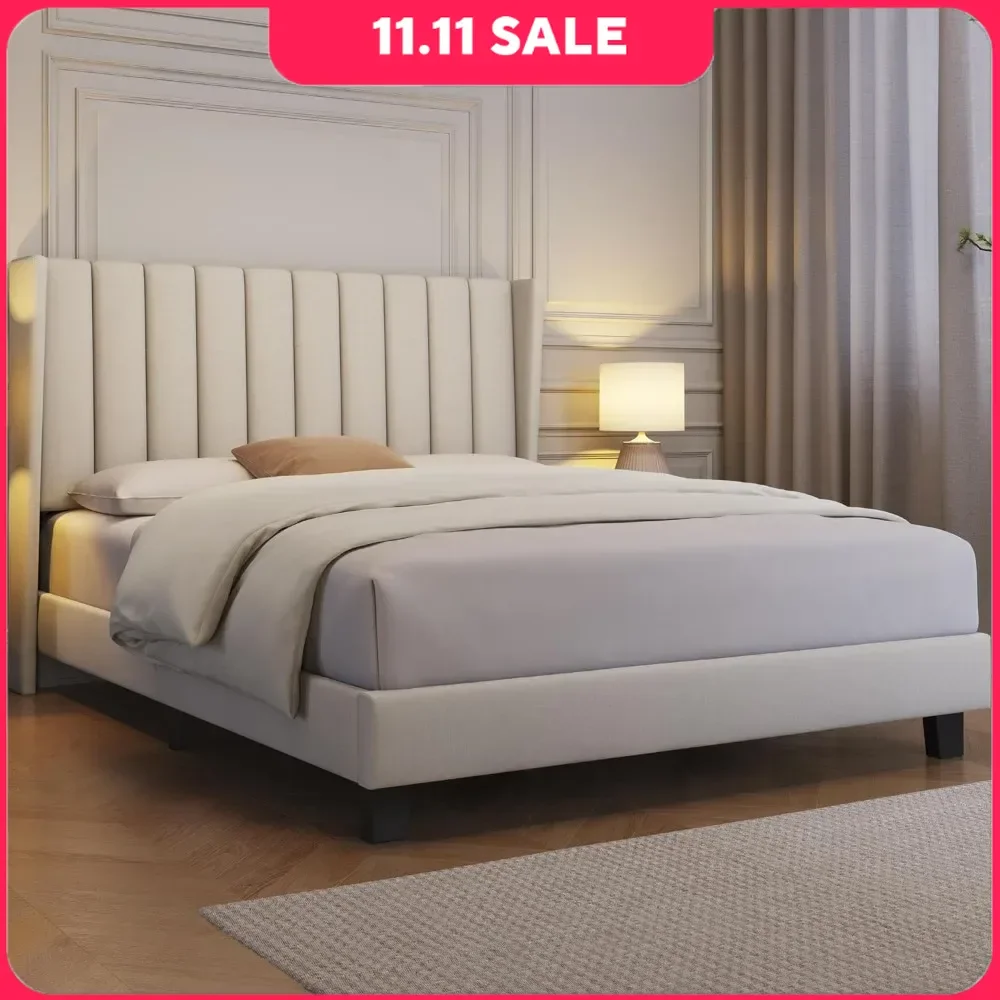 Beige-Full-Bed-Frame-Upholstered-Platform-Bed-With-Fabric-Headboard ...