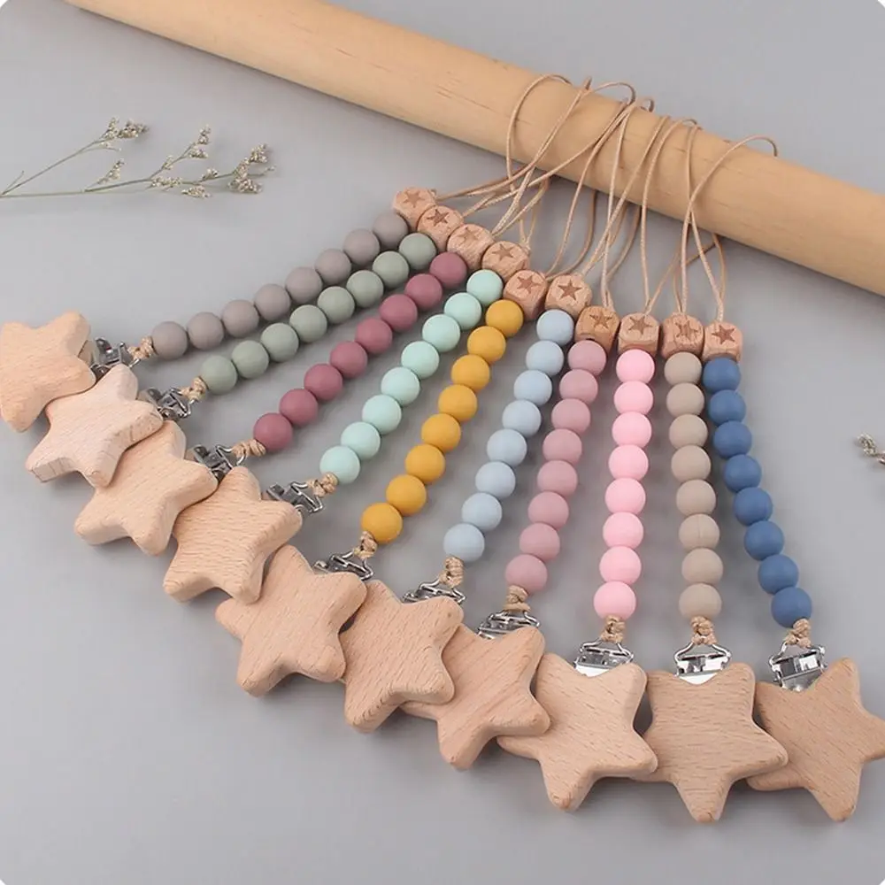 Silicone-Baby-Pacifier-Clips-Beech-Wood-Star-Pacifier-Chain-Nipple ...