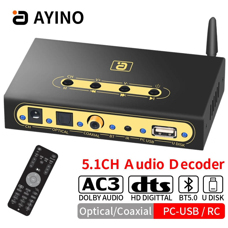 Da720 5.1ch decodificador de áudio sem fio bluetooth 5.0 reciever dts ac3 adaptador óptico ...