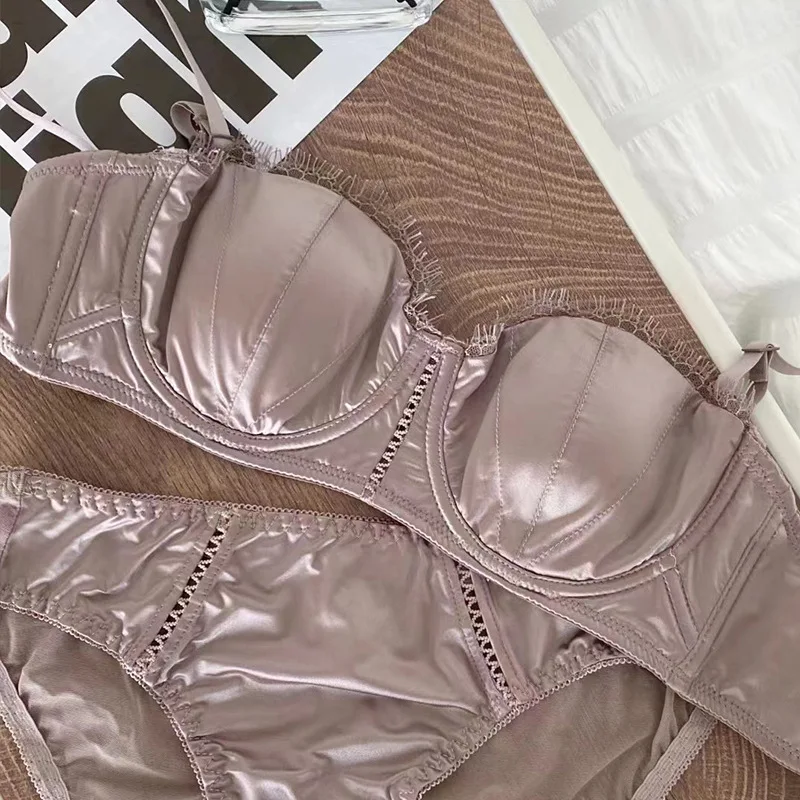 Thin-Small-Bra-Gather-Half-Cup-Lingerie-Panty-Satin-Lace-Soft-Underwire ...