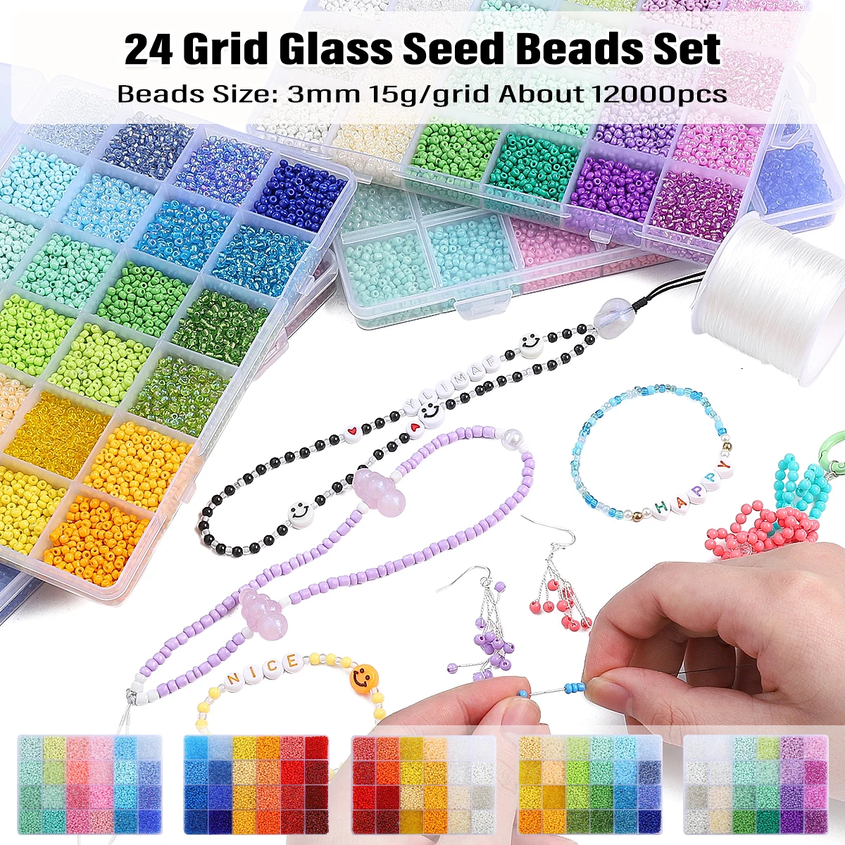 DIY Jewelry Making 24 Grids 3mm Glass Seed Beads 15g/Grid 12,000pcs 3 ...