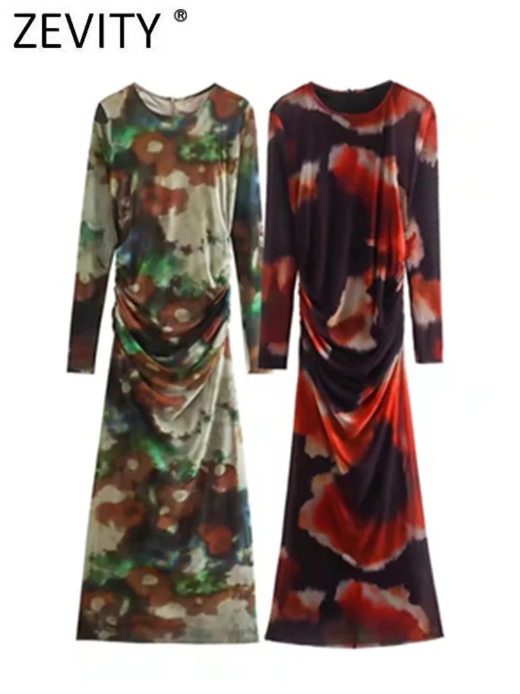 Zevity 여성용 빈티지 O넥 플라워 프린트 사이드 플리츠, 메쉬 슬림 미디 드레스, 시크한 백 지퍼, 브랜드 파티 드레스 ...