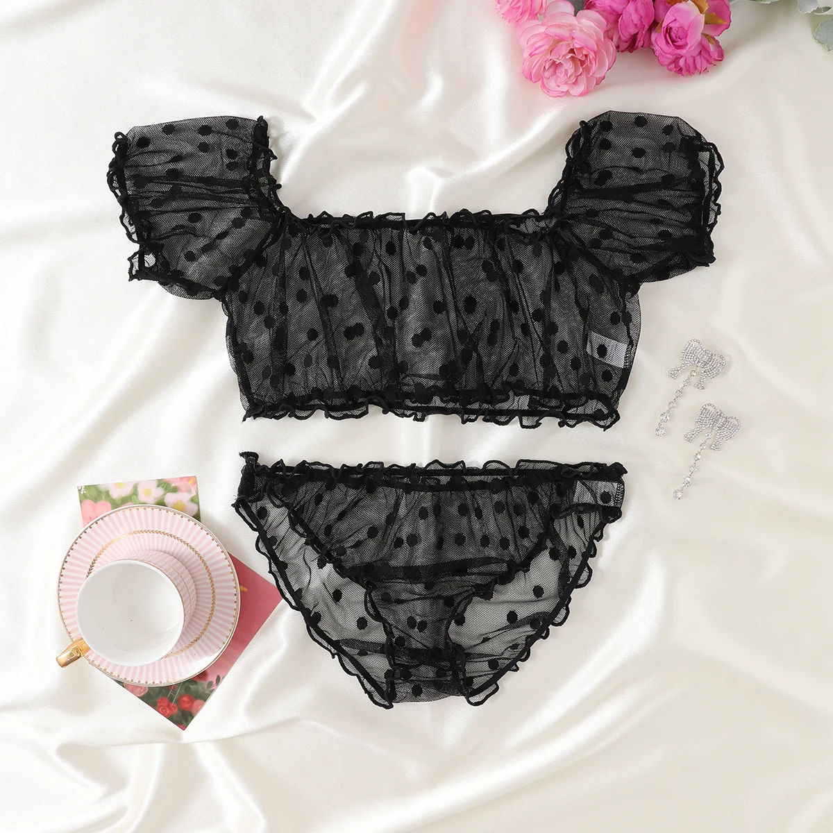 Women Sexy Lace Sleepwear Two Piece Set Cute Dot Embroidery Bowknot ...