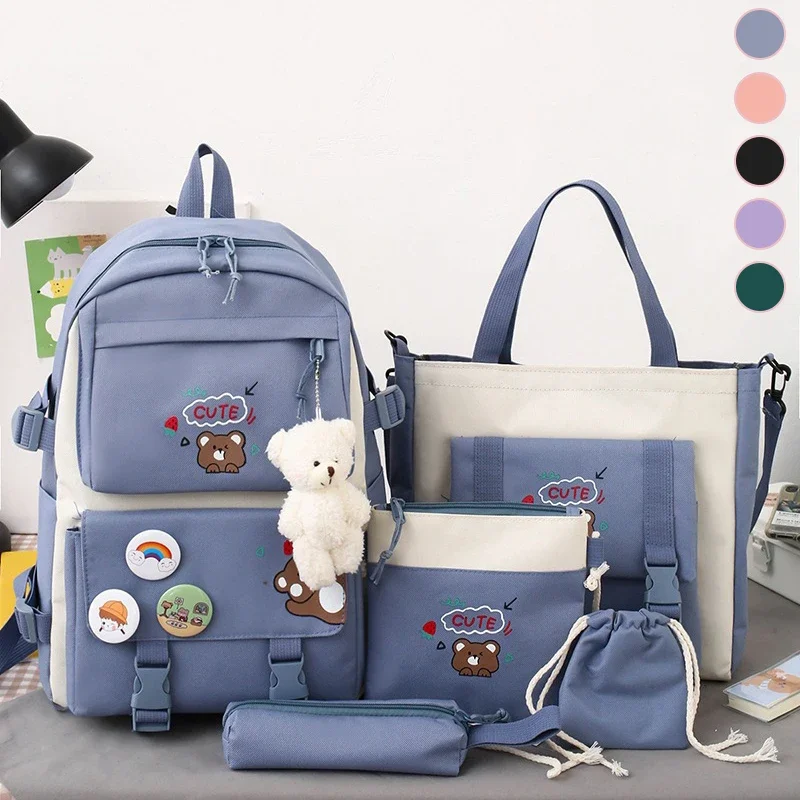 5Pcs/Set Cute School Bags for Girls Backpack Kids Double Shoulders Bag Oxford Cloth Handbag Coin ...