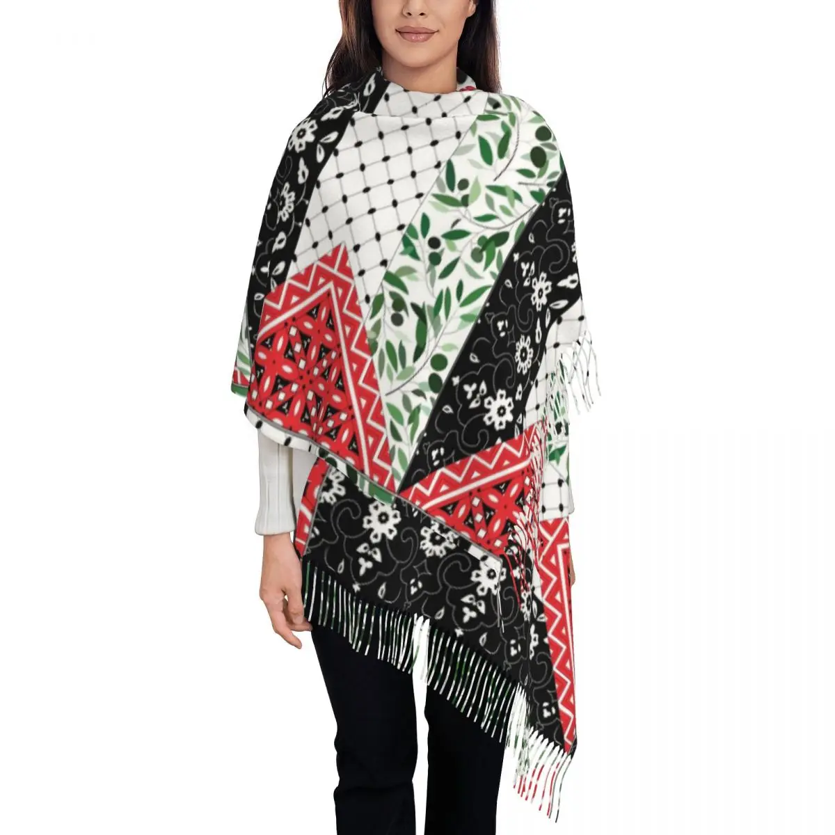 Women-s-Scarf-with-Tassel-Palestinian-Flag-Olives-And-Keffiyeh-Long ...