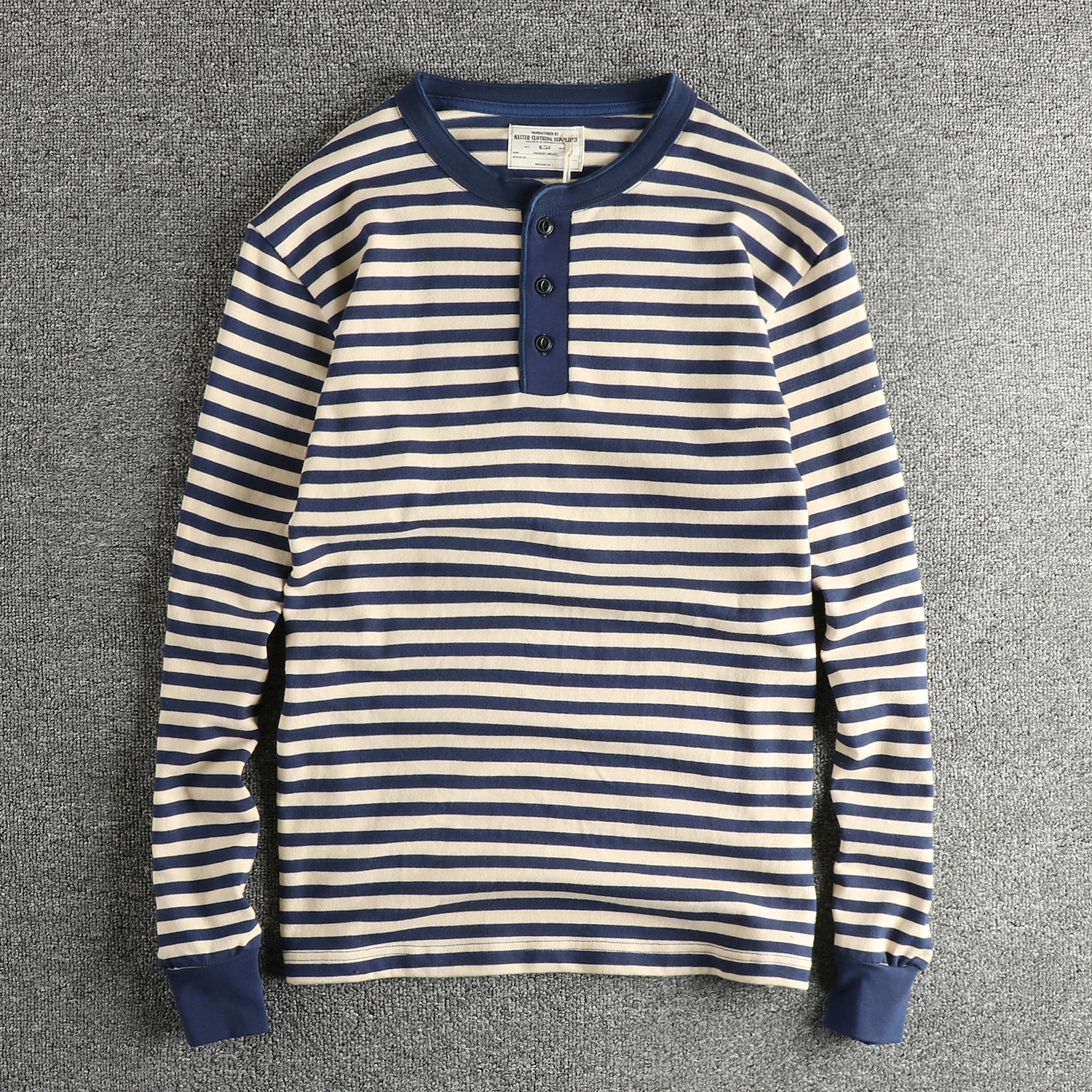 Autumn-American-Retro-280g-Heavyweight-Henry-Collar-Striped-T-shirt-Men ...