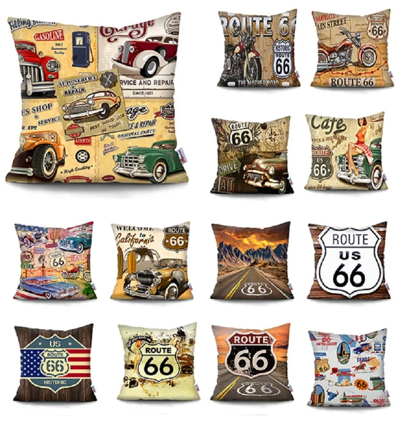 45X45CM-Vintage-American-Highway-Route-66-Prints-Cushion-Cover-Retro ...