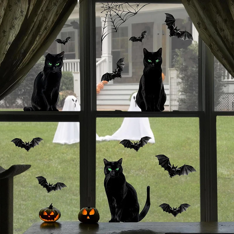 Realistic-Black-Cats-Window-Decals-Halloween-Window-Stickers-Spider-Web ...
