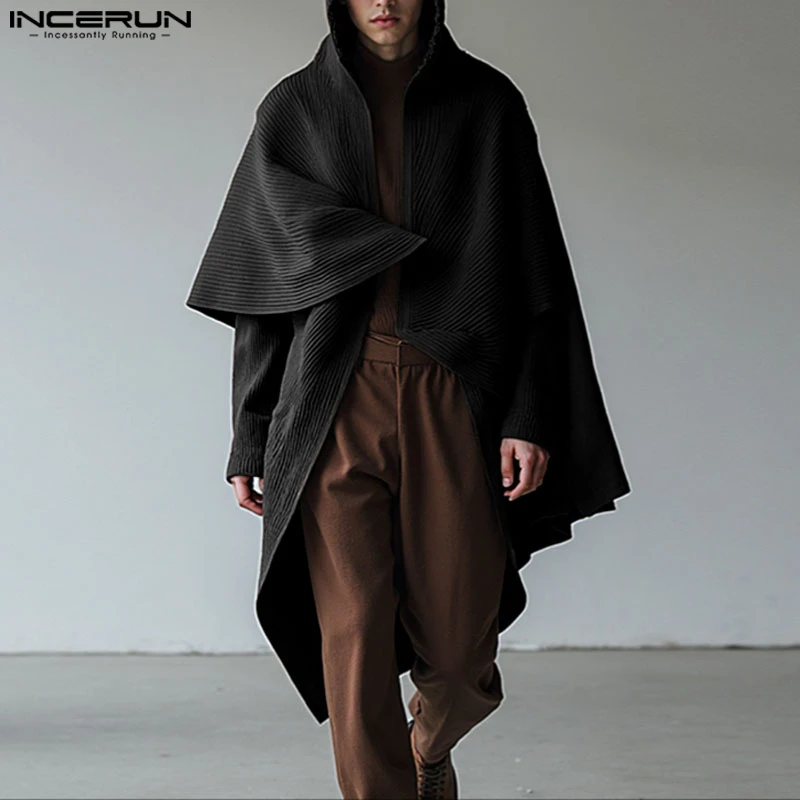 INCERUN Men Long Style Cloak Cape Solid Color Hooded Long Sleeve ...