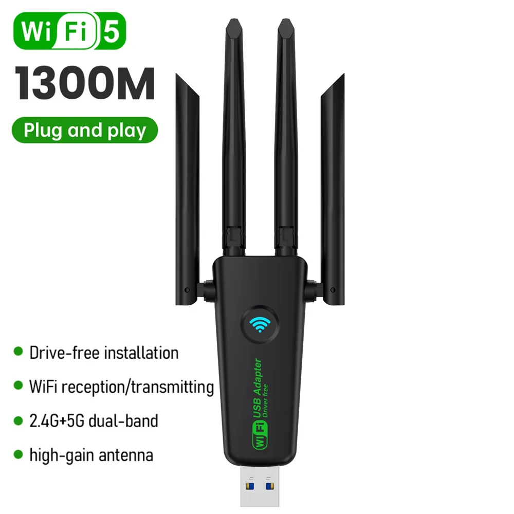 Dual Band 1200Mbps WiFi USB Adapter 2.4G/5.8Ghz Wi-Fi5 Dongle 4 Antenna ...