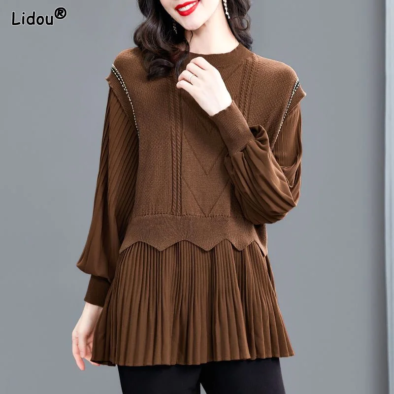 Patchwork-Pleated-Office-Lady-Long-Pullovers-Screw-Thread-Casual-Shirts ...