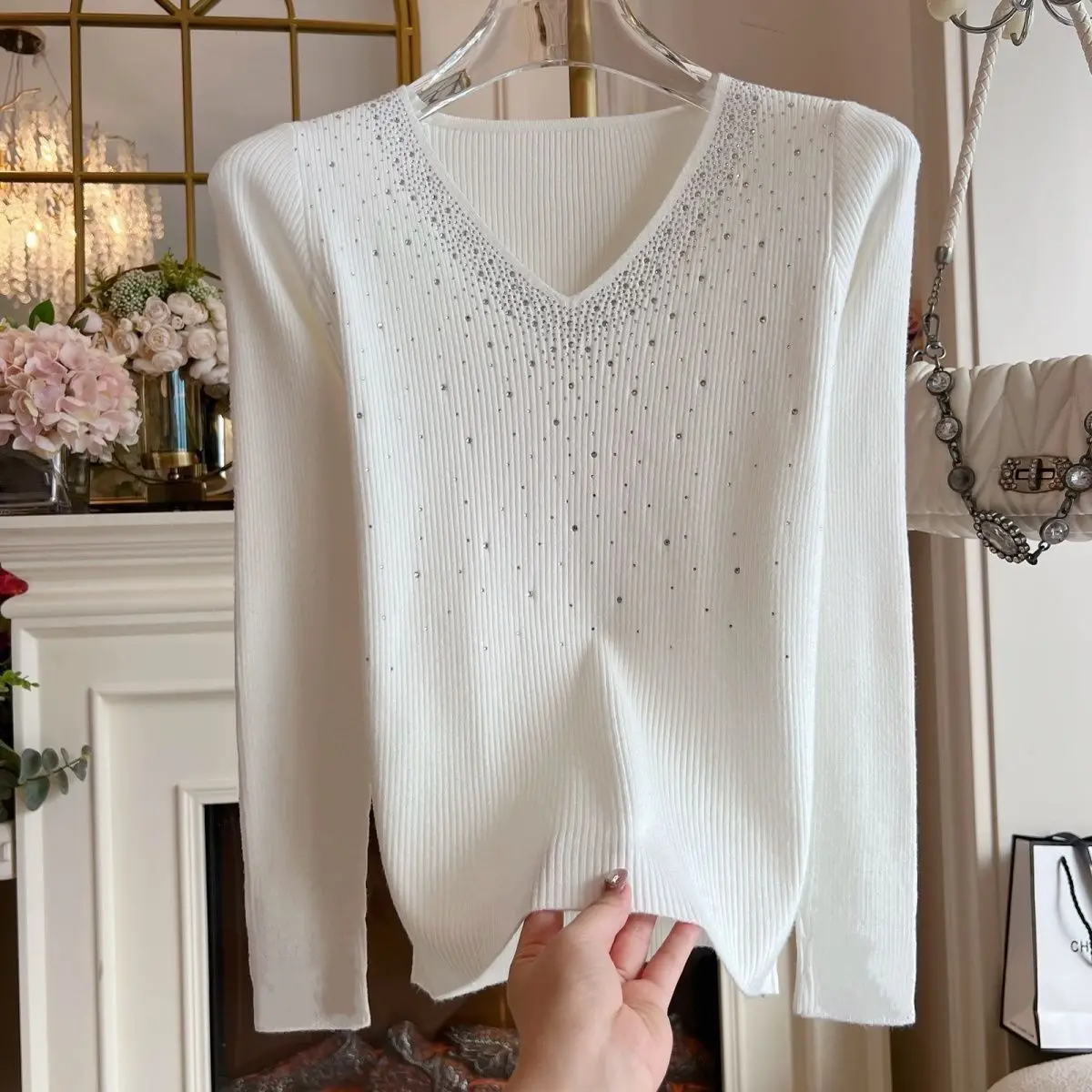 Ironing Diamond V-neck Slim Sweater for Women in Spring, Autumn and ...