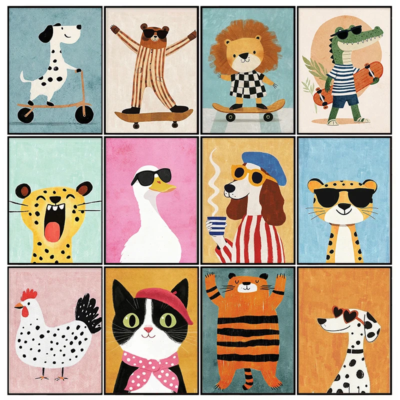 Funny Animals Lion Cheetah Dog Bear Skateboard Posters Prints Wall Art ...