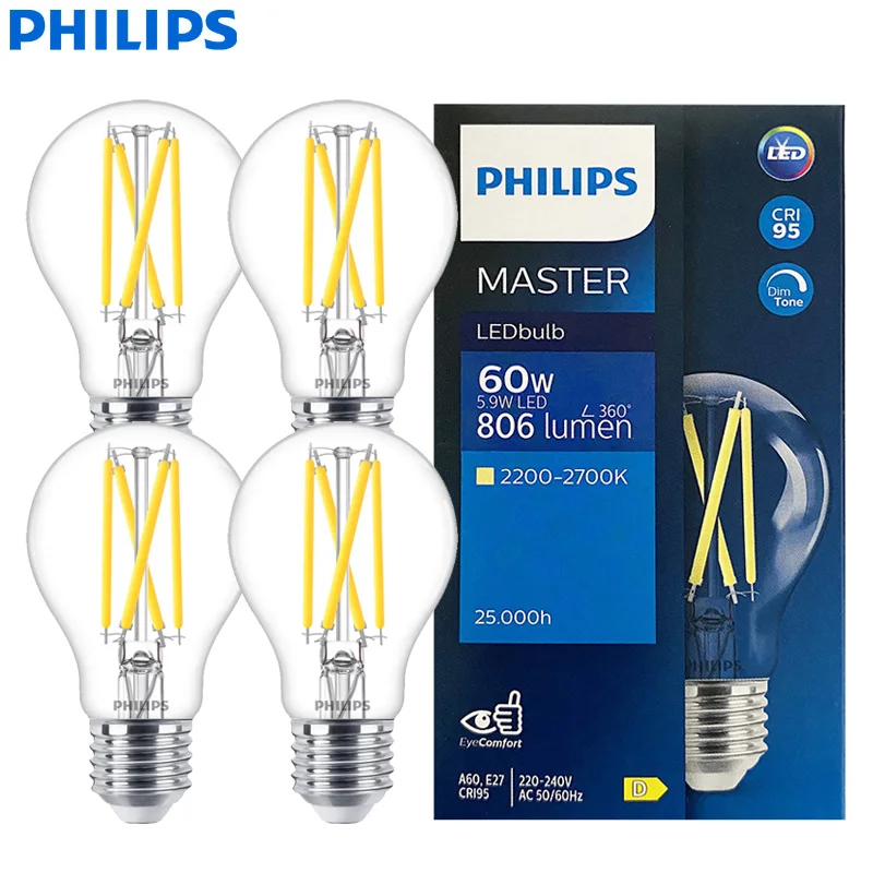 Philips Master E27 A60 LED Filament Bulb Clear Lamps 5.9W(=60W ...