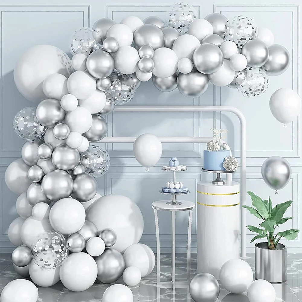 White Silver Balloons Garland Kit Metallic Silver Confetti Balloon Arch ...
