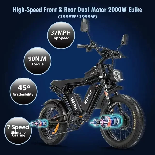 Electric Bicycle 2000W Powerful Dual Motor 52V 40Ah Dual Battery Q20 Ebike Motorcycle Mountain ...