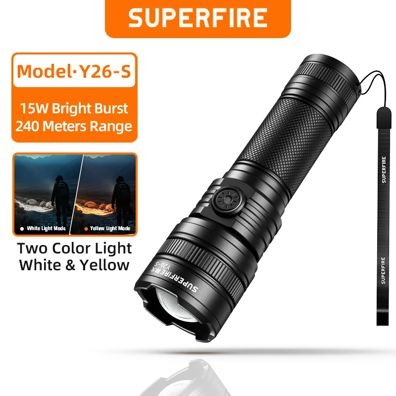 SUPERFIRE-Y26-Y26-S-15W-Flashlight-Powerful-Yellow-White-Light-Zoomable-EDC-Torch-600M-Long ...