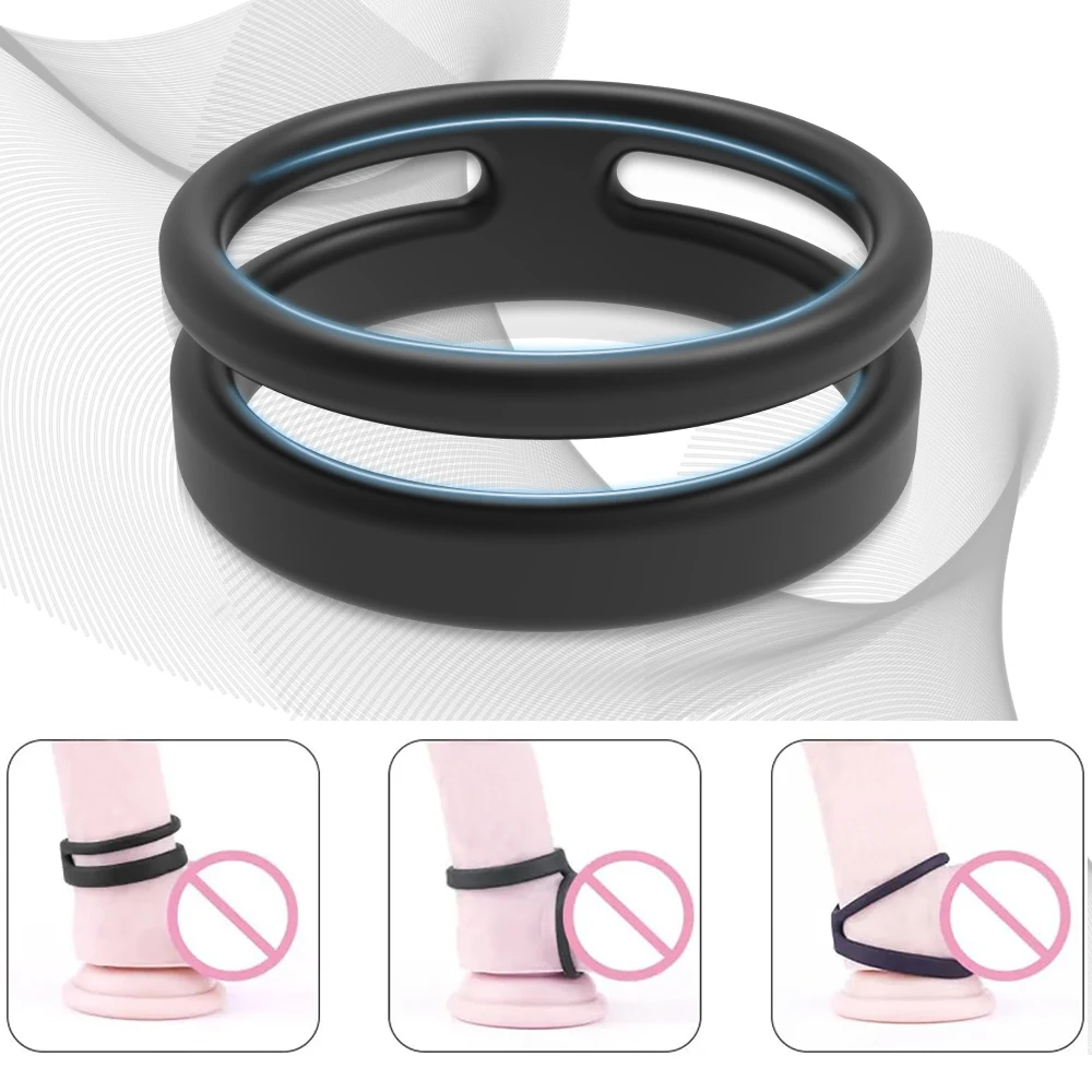 Male Silicone Penis Ring Dual Cock Rings Delay Lock Ejaculation Scrotal Binding Ball Stretcher ...