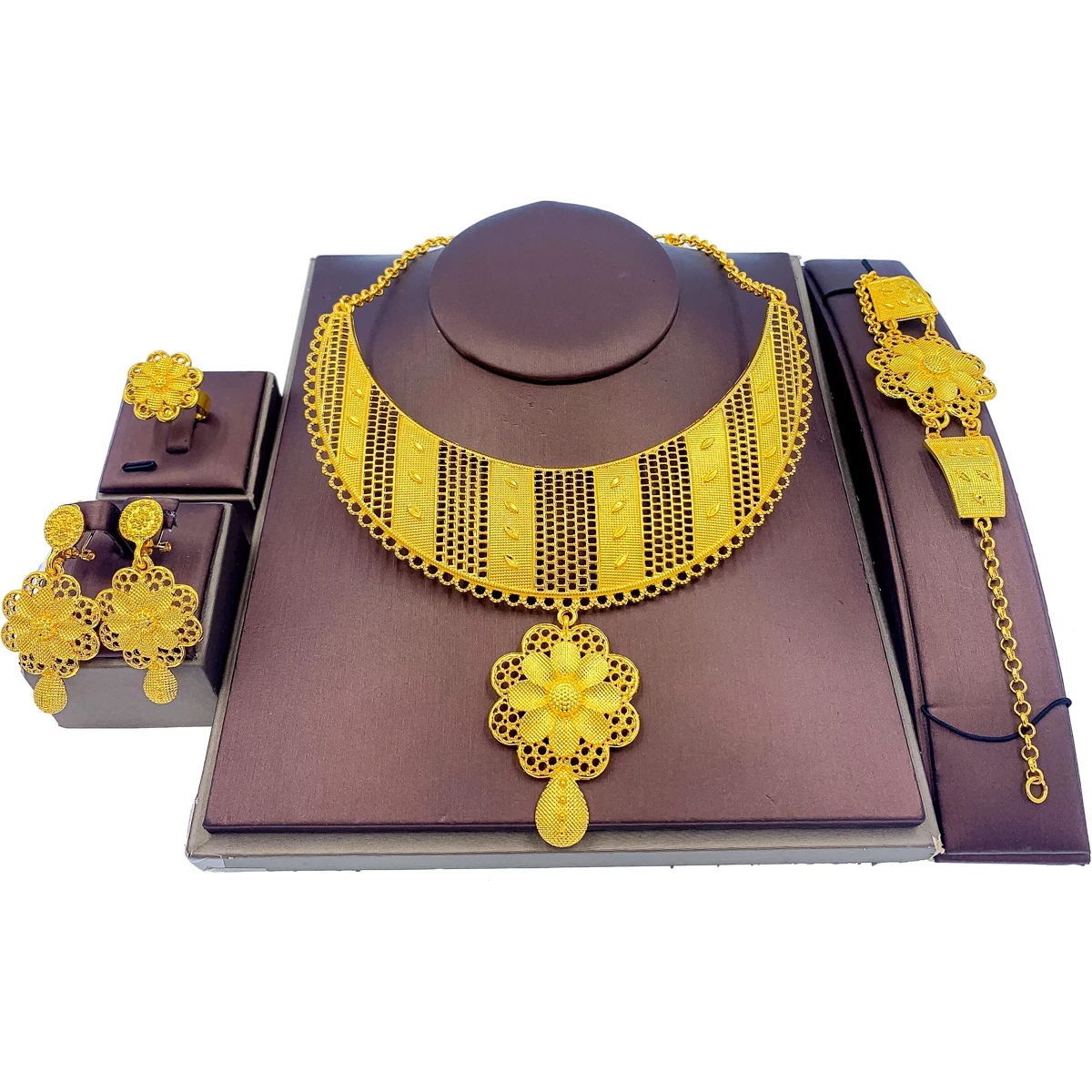 Dubai-Gold-Jewelry-Sets-for-Women-Big-Necklace-Bracelet-Earrings-Ring ...