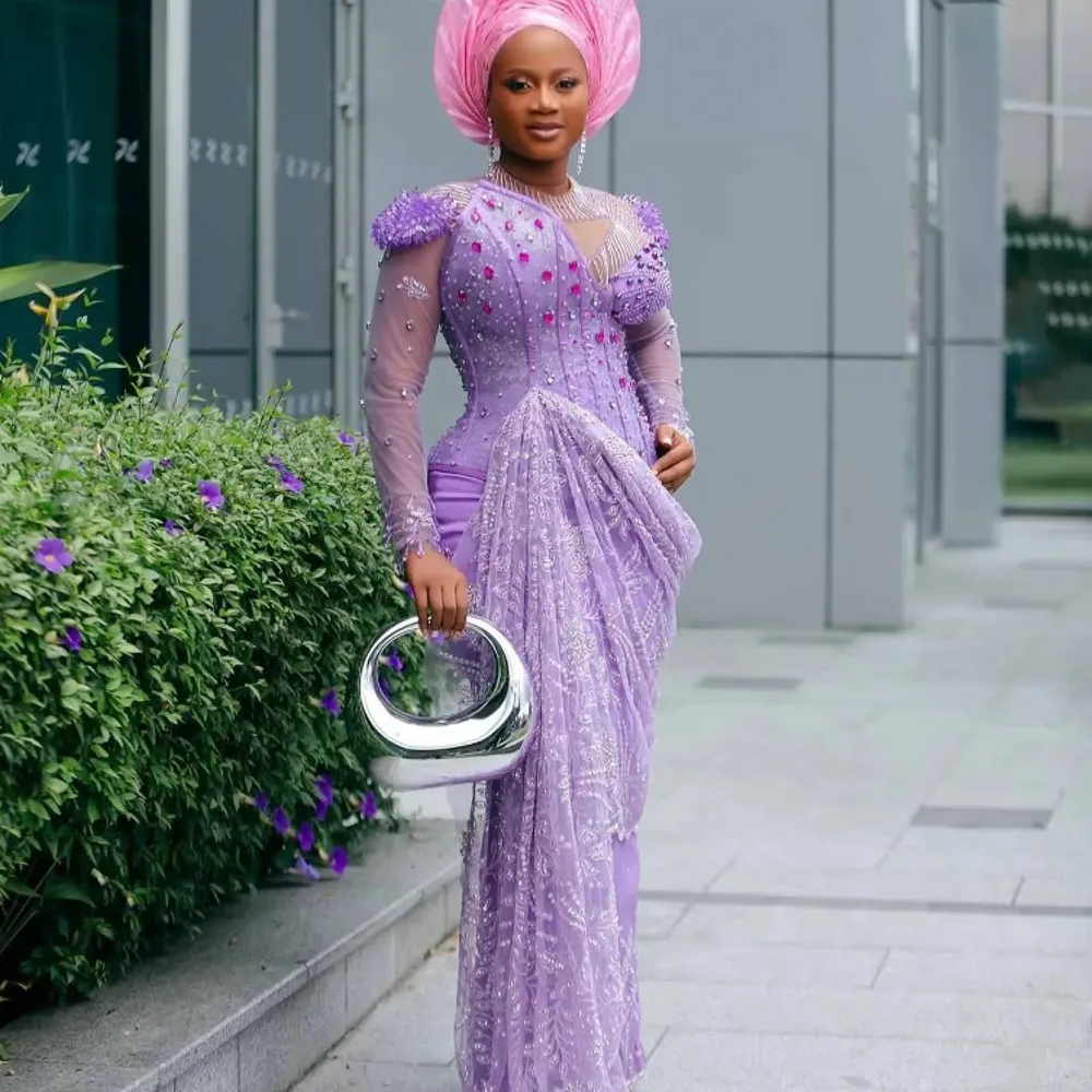 Nigerian Evening Dresses With Beads Crystals Long Sleeves Wedding Party ...