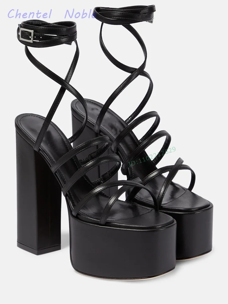 Black-Leather-Slim-Straps-Platform-Sandals-Wrap-around-Ankles-Round ...