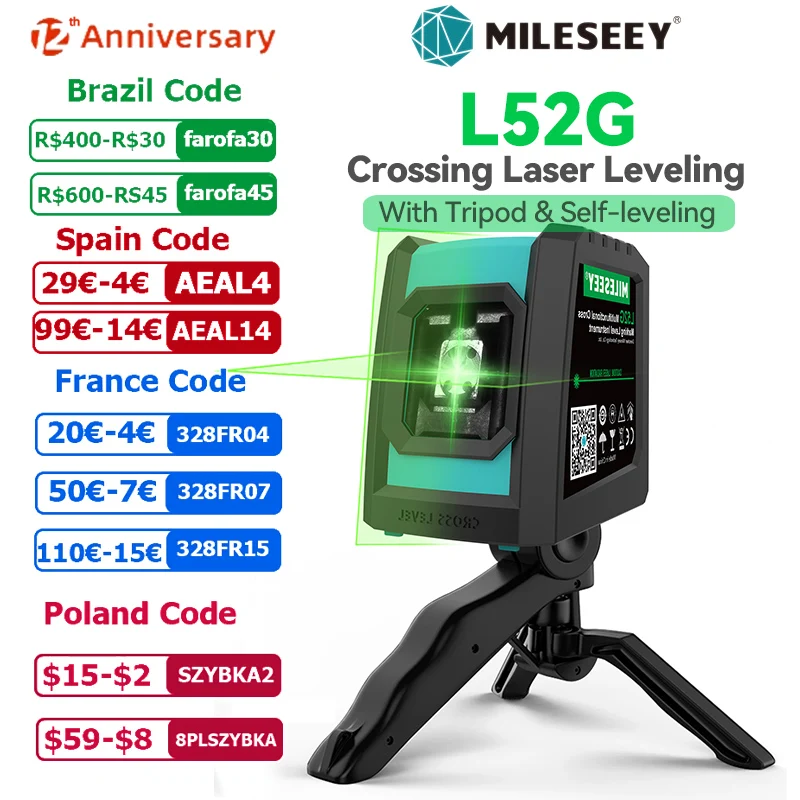 Mileseey Nivel láser, herramienta de nivelación de 2/5/12 líneas, 3D, indicador recargable rojo ...