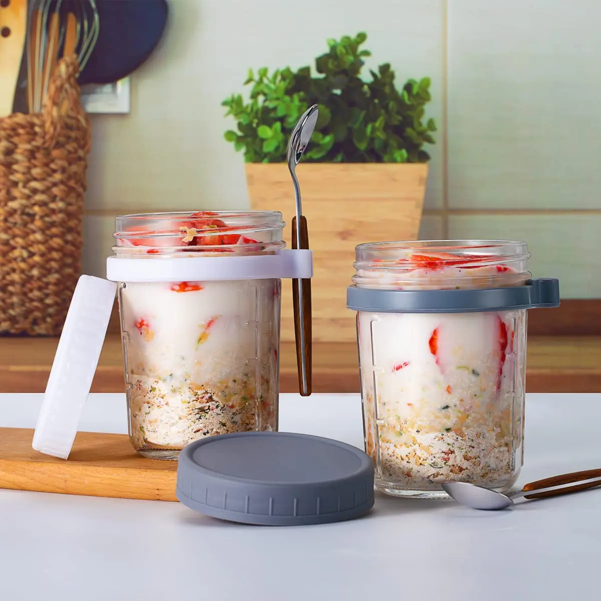 Set-of-2-Oatmeal-Containers-with-Lid-and-Spoon-Glass-Jar-Breakfast ...