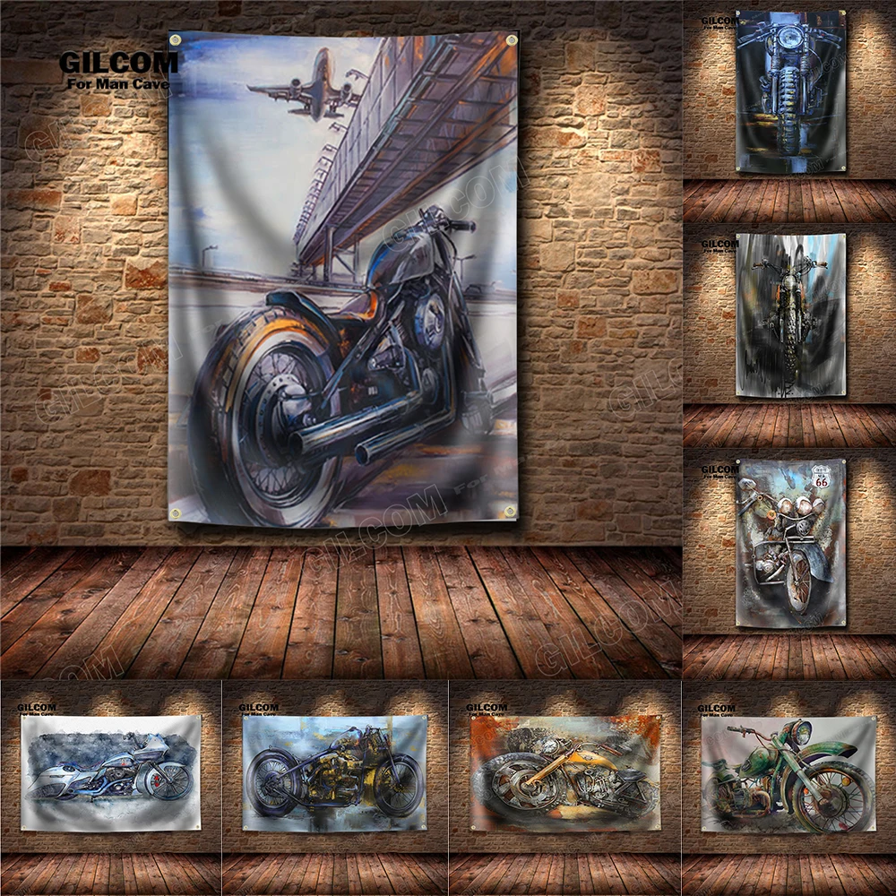 Motorcycle-Abstract-Painting-Banner-Flag-Motorcyclist-Poster-Wall-Art ...