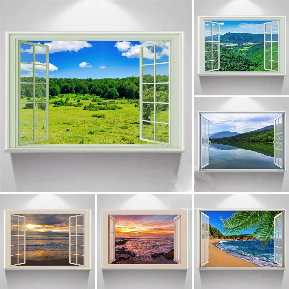 3D Style Window View Moutain Sunset Beach Landscape Nature Scenery ...