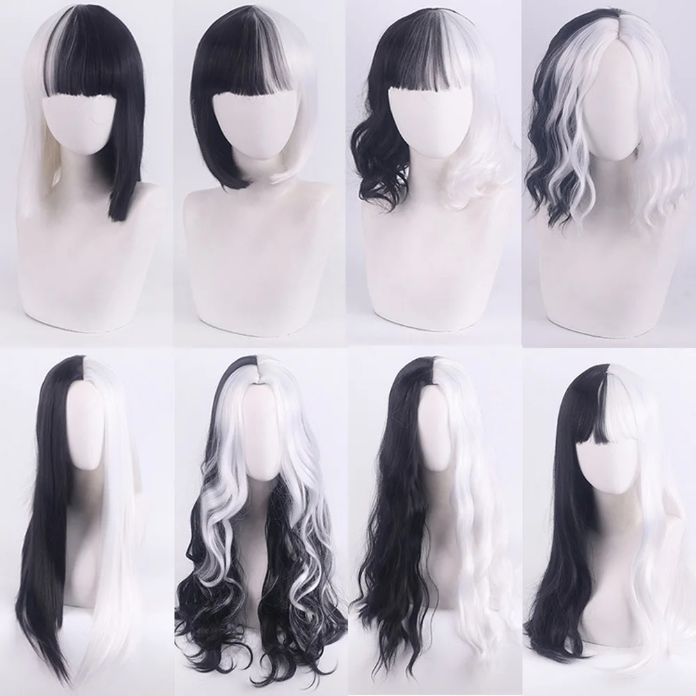 Cosplay Halloween Party Wigs CRUELLA Deville De Vil Black White With ...