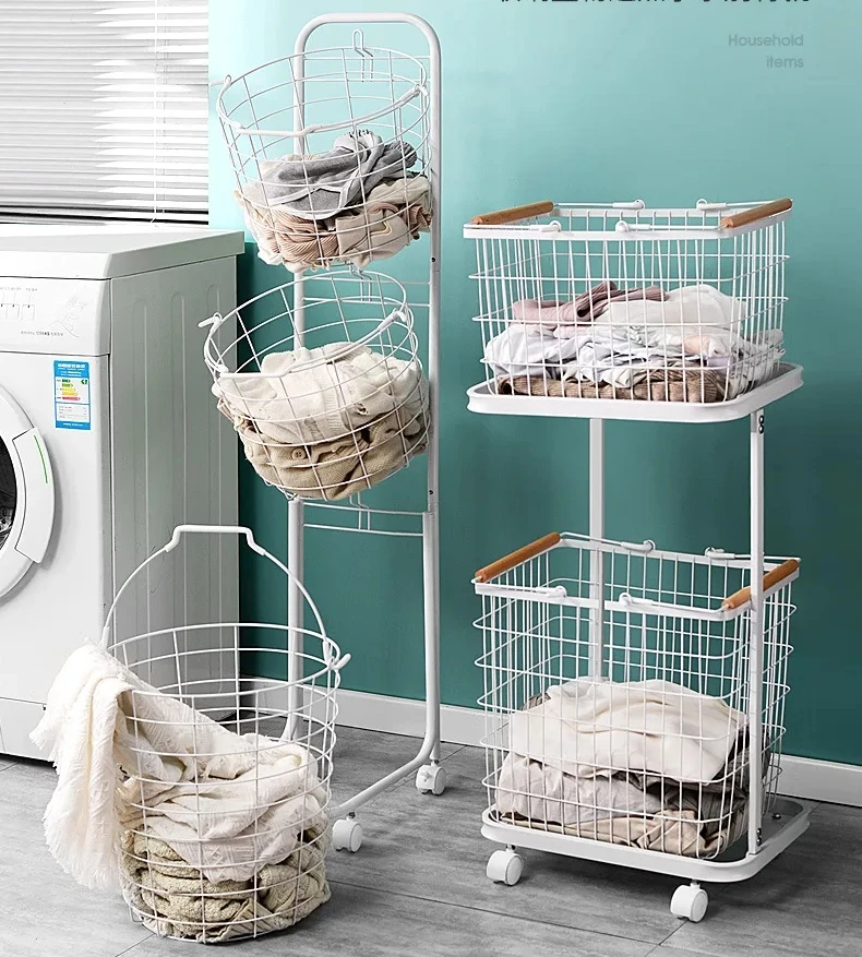 Double-Layer-Cloth-Storage-Baskets-Rack-Floor-Stand-Bathroom-Clothing ...