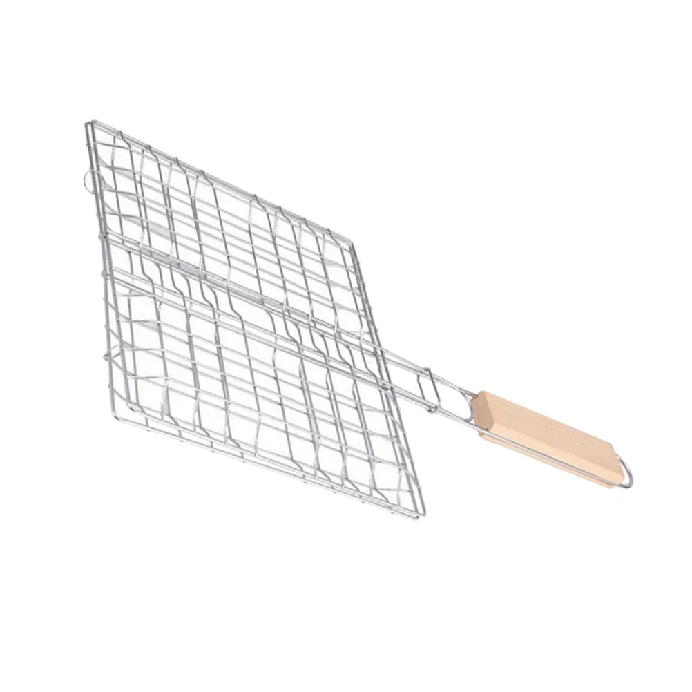 Stainless Steel Grill Rack Wood Handle Barbecue Basket Portable BBQ ...