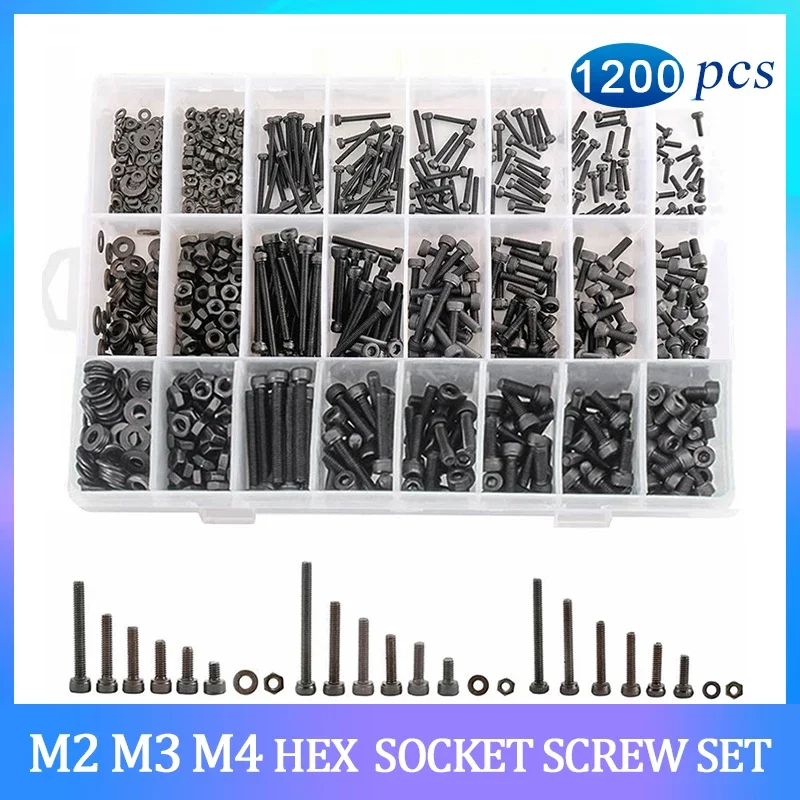 1200PCS-M2-M3-M4-Hex-Hexagon-Socket-Screw-Set-Black-Carbon-Steel-Allen ...