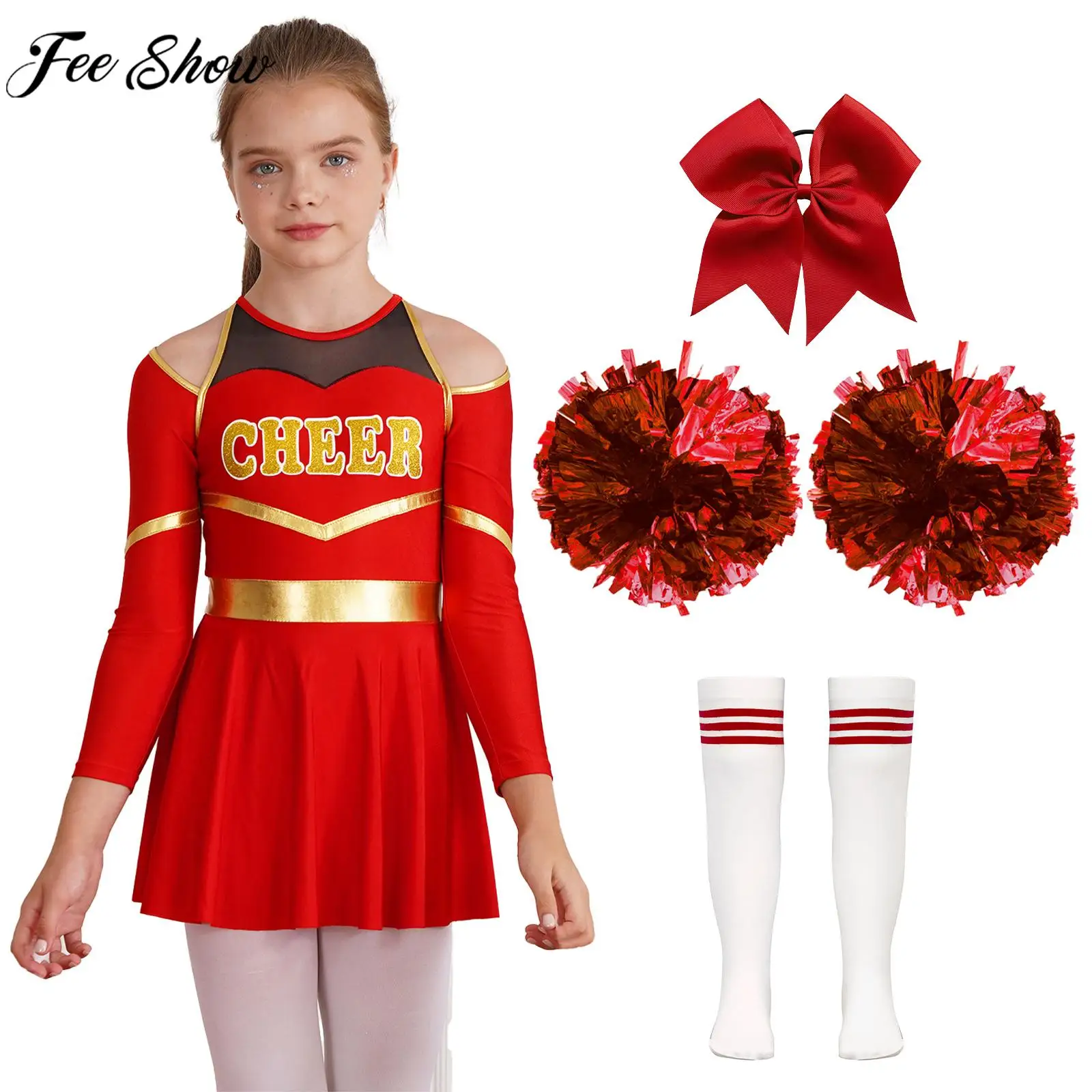 Girls Cheerleading Outfit Long Sleeve Leotard Dress with Headwear ...
