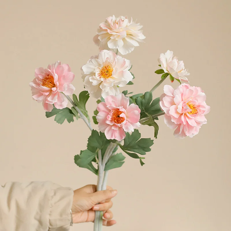 3-Heads-Flocking-Peony-Branch-Artificial-flowers-home-decor-white ...