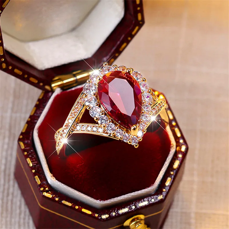 Luxury-Female-Red-Water-Drop-Zircon-Stone-Engagement-Ring-Trendy-Gold ...