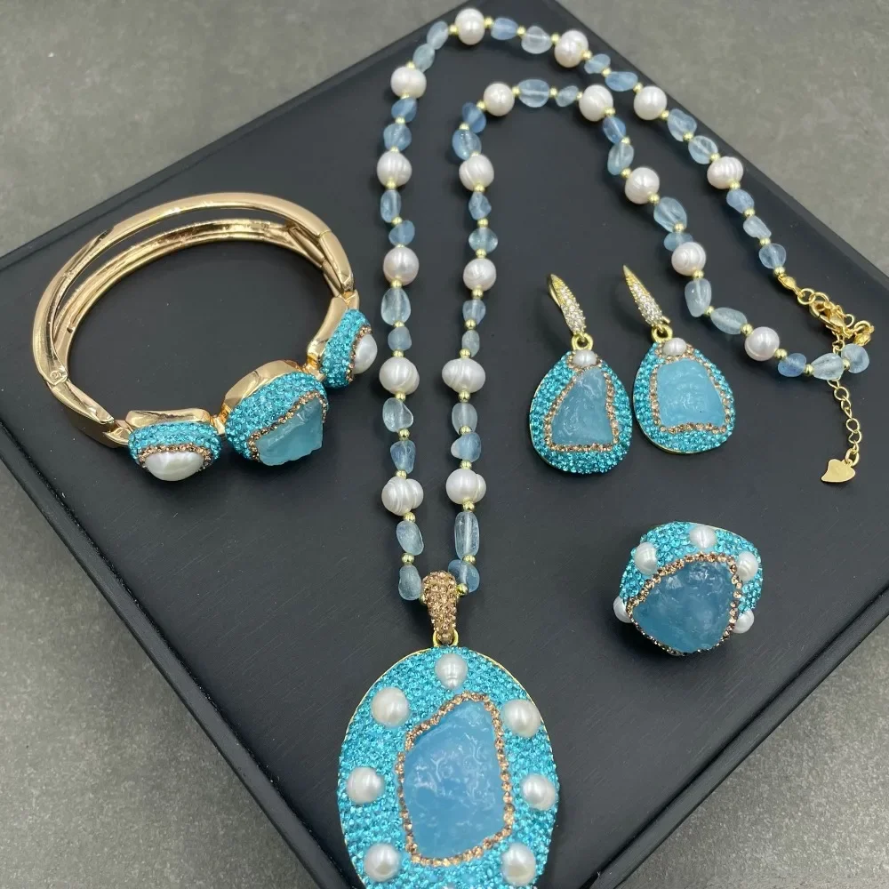 Natural-Sea-Blue-Treasure-Original-Stone-Irregular-Jewelry-Set-Women-s ...