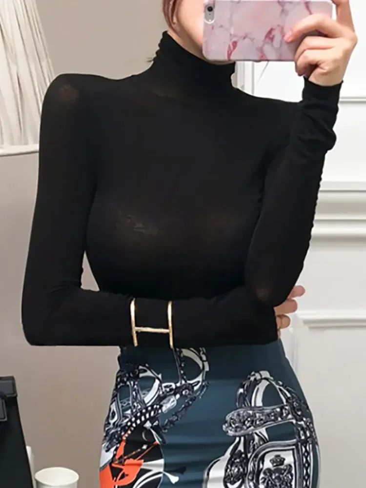 Elastic-Turtleneck-Women-s-Tshirt-Solid-Long-Sleeve-Turtleneck-Tops ...