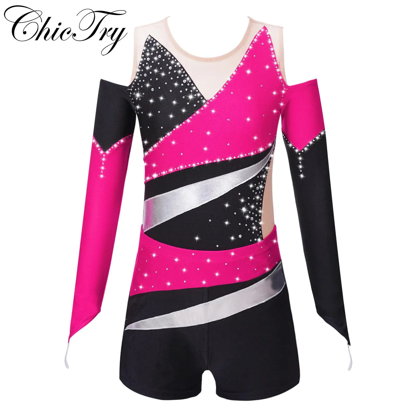 Kids Girls Ballet Dance Sets Long Sleeve Gymnastics Dancewear Shiny ...